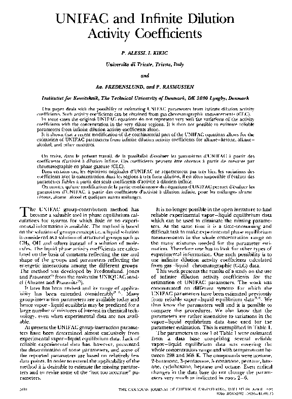 (PDF) UNIFAC and infinite dilution activity coefficients