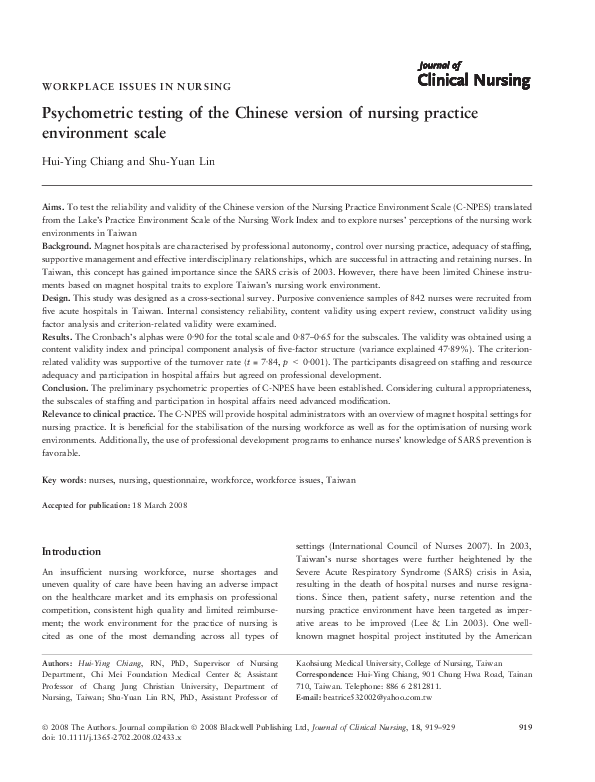 (PDF) Psychometric testing of the Chinese version of nursing practice ...