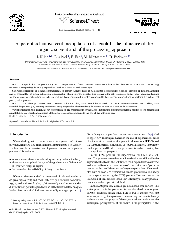 (PDF) Supercritical antisolvent precipitation of atenolol: The ...