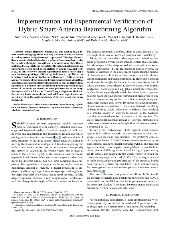 Pdf Implementation And Experimental Verification Of Hybrid Smart Antenna Beamforming Algorithm