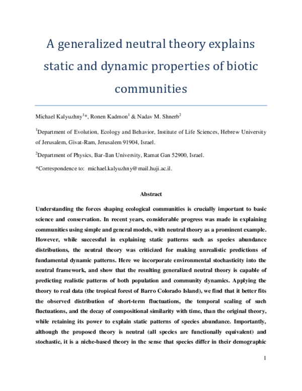 (PDF) A generalized neutral theory explains static and dynamic ...