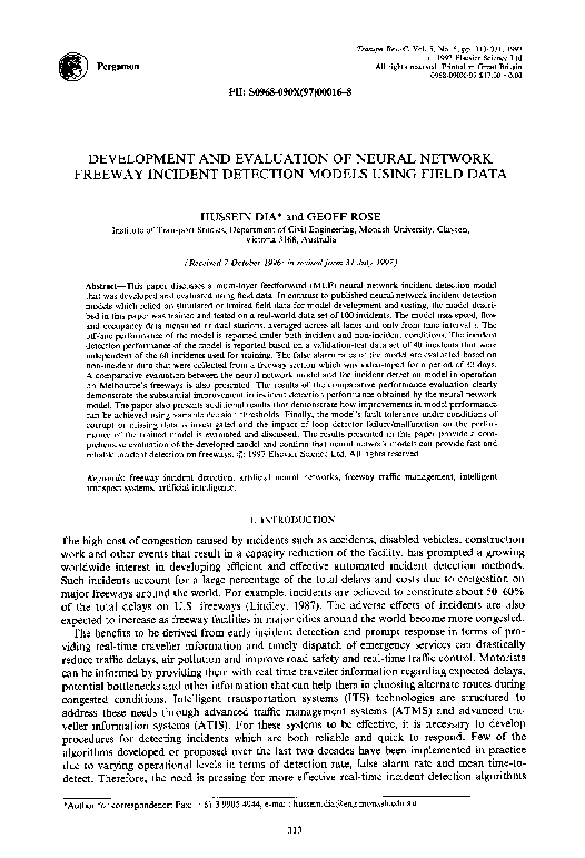 Pdf Development And Evaluation Of Neural Network Freeway Incident Detection Models Using Field