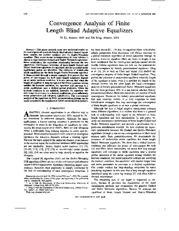 (PDF) Convergence analysis of finite length blind adaptive equalizers