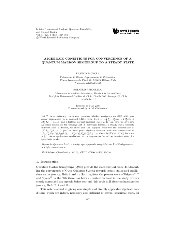 (PDF) ALGEBRAIC CONDITIONS FOR CONVERGENCE OF A QUANTUM MARKOV ... (PDF) ALGEBRAIC CONDITIONS FOR CONVERGENCE OF A QUANTUM MARKOV ...