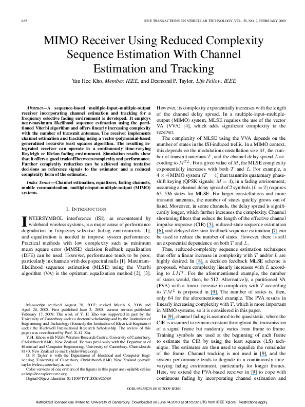 (PDF) MIMO Receiver Using Reduced Complexity Sequence Estimation With Channel Estimation and ...