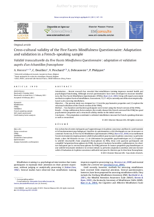 Pdf Cross Cultural Validity Of The Five Facets Mindfulness Questionnaire Adaptation And