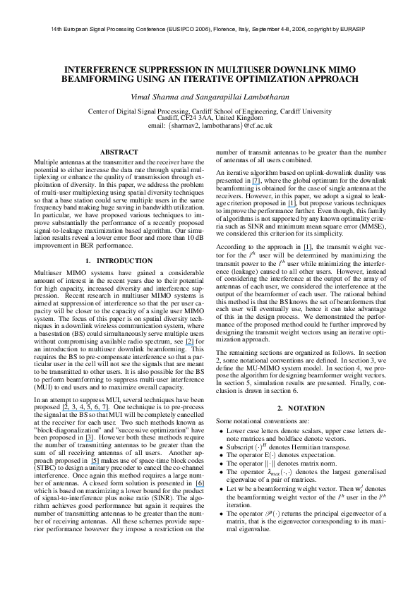 Pdf Multiuser Downlink Mimo Beamforming Using An Iterative Optimization Approach