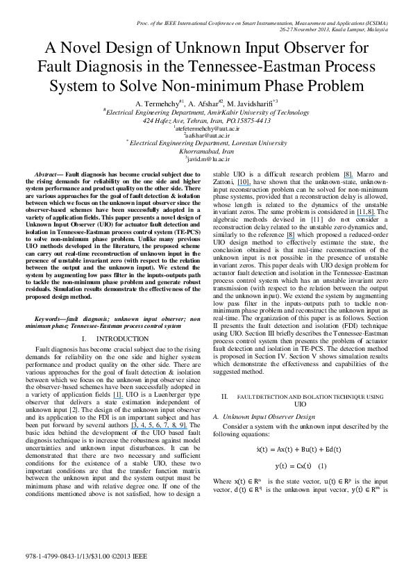 Pdf A Novel Design Of Unknown Input Observer For Fault Diagnosis In The Tennessee Eastman