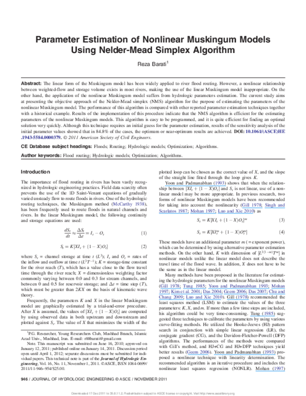 (PDF) PARAMETER ESTIMATION OF THE NONLINEAR MUSKINGUM MODEL USING HARMONY SEARCH