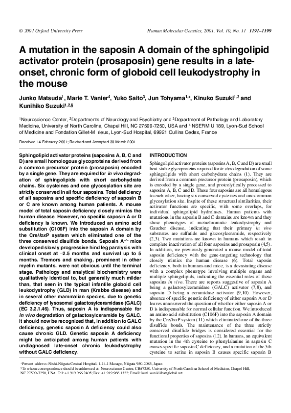 (PDF) A mutation in the saposin A domain of the sphingolipid activator ...