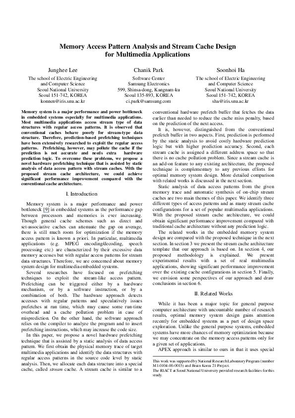 (PDF) Memory access pattern analysis and stream cache design for multimedia applications