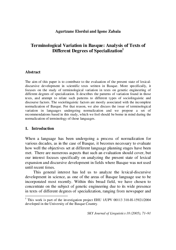 (PDF) Terminological variation in basque : Analysis of texts of different degrees of specialization