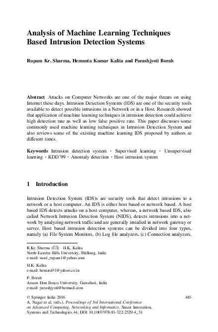 (PDF) Analysis of Machine Learning Techniques Based Intrusion Detection ...