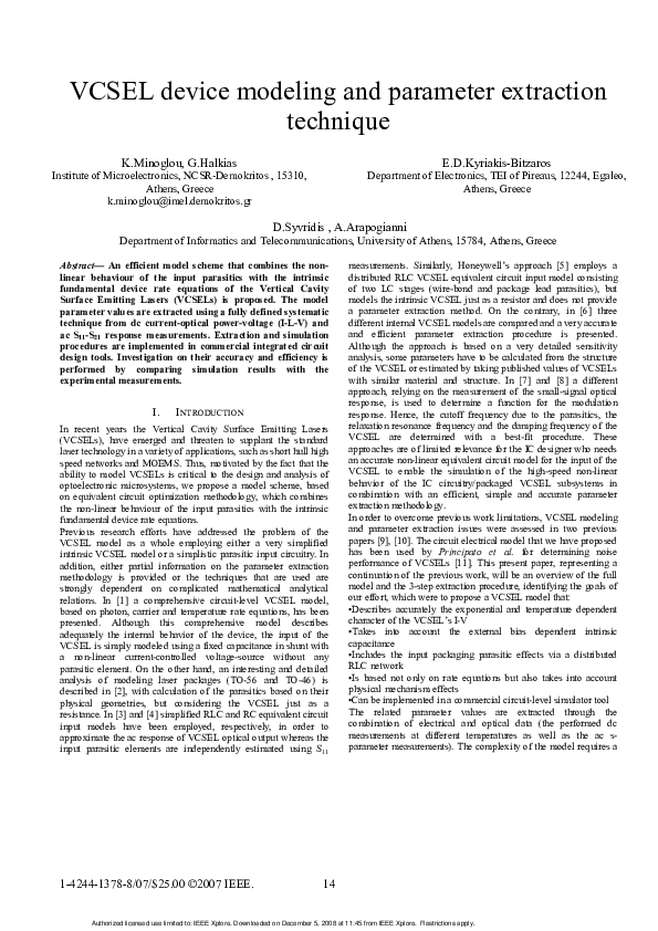 Pdf Vcsel Device Modeling And Parameter Extraction Technique