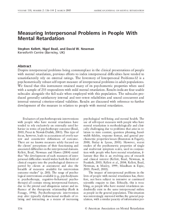 (PDF) Measuring Interpersonal Problems in People With Mental Retardation