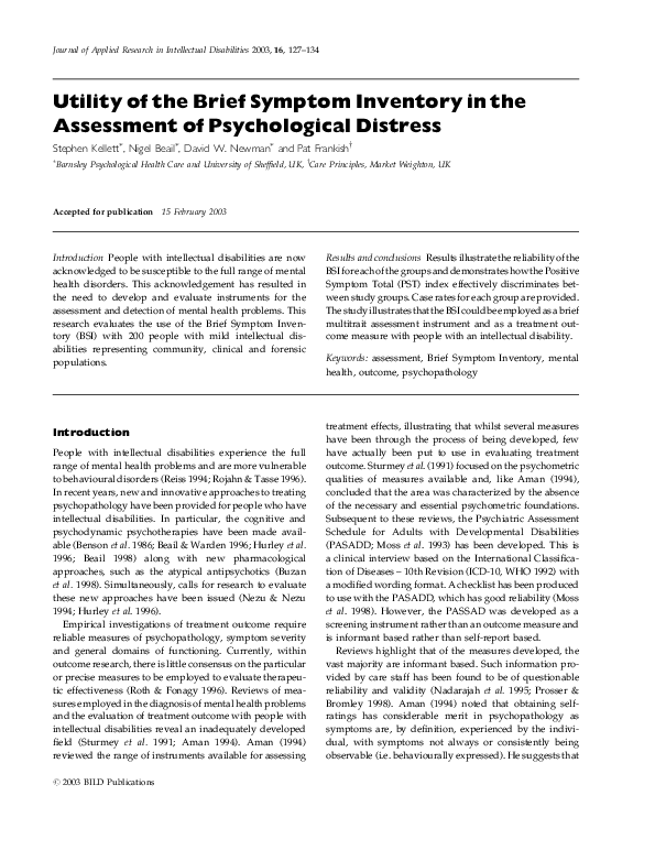 (PDF) Utility of the Brief Symptom Inventory in the Assessment of Psychological Distress