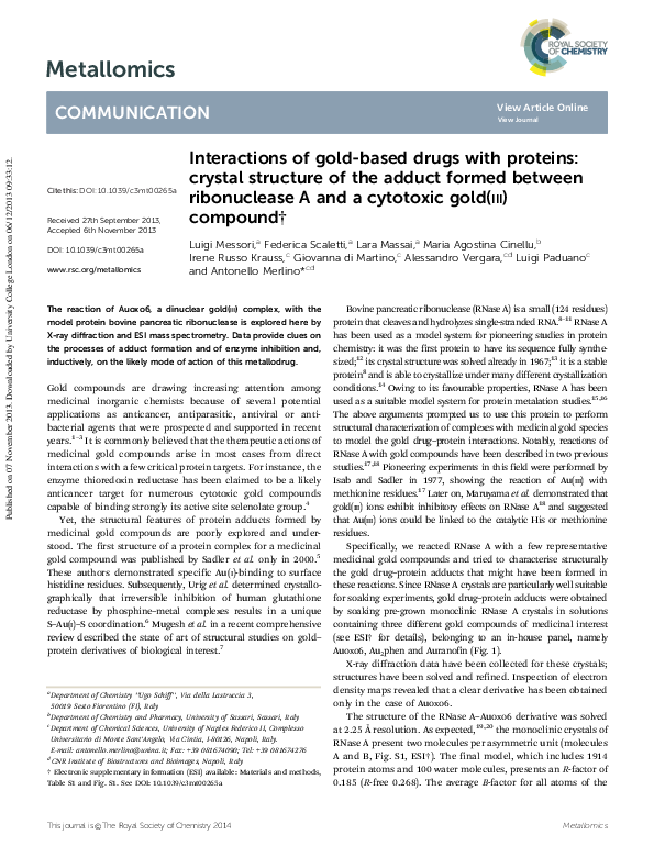 (PDF) Interactions of gold-based drugs with proteins: crystal structure ...