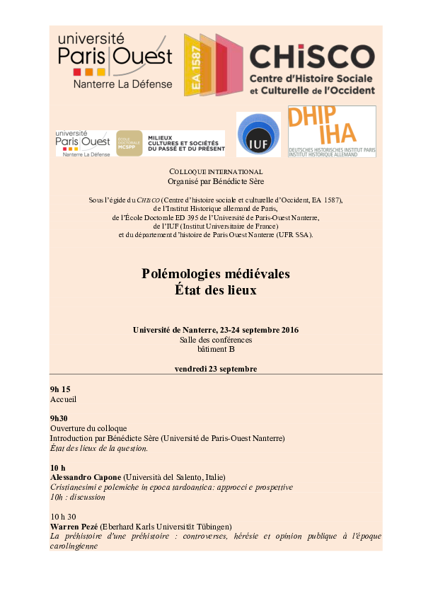 (PDF) COLLOQUE INTERNATIONAL Organisé par Bénédicte Sère Polémologies médiévales État des lieux