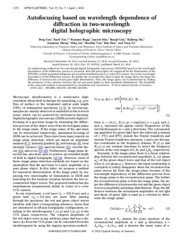 (PDF) Autofocusing based on wavelength dependence of diffraction in two-wavelength digital ...