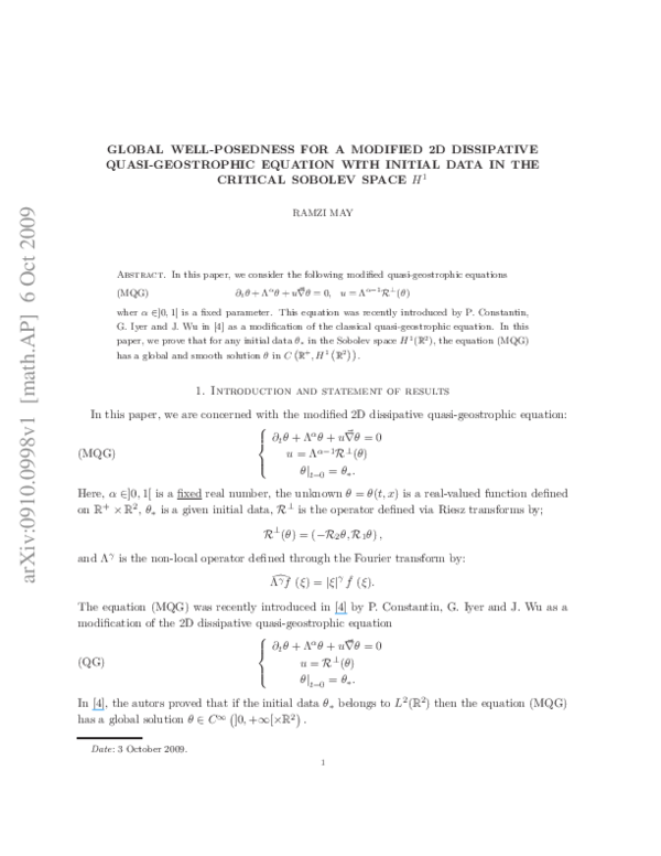 (PDF) Global well-posedness for a Modified 2D dissipative quasi-geostrophic equation with ...