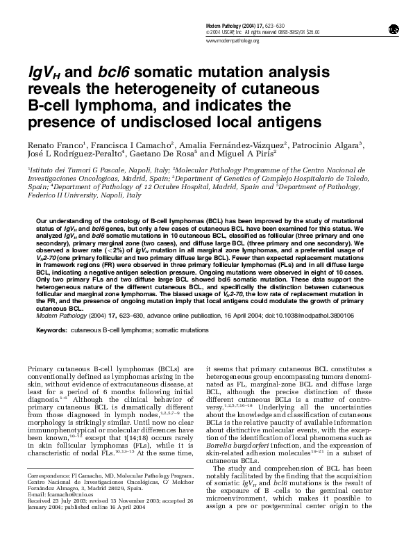 (PDF) IgVH and bcl6 somatic mutation analysis reveals the heterogeneity ...
