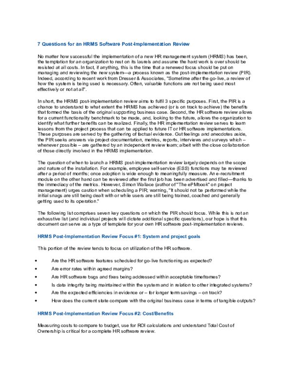(DOC) 7 Questions for an HRMS Software Post-Implementation Review