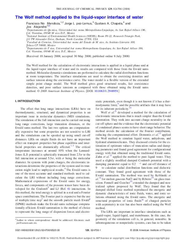 (PDF) The Wolf method applied to the liquid-vapor interface of water ...