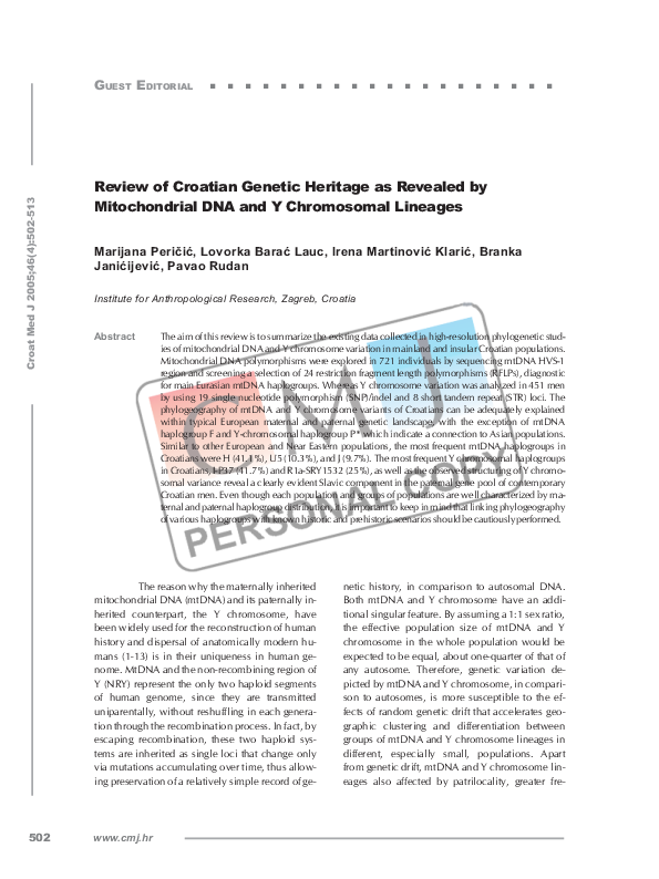 (PDF) Review of Croatian genetic heritage as revealed by mitochondrial ...
