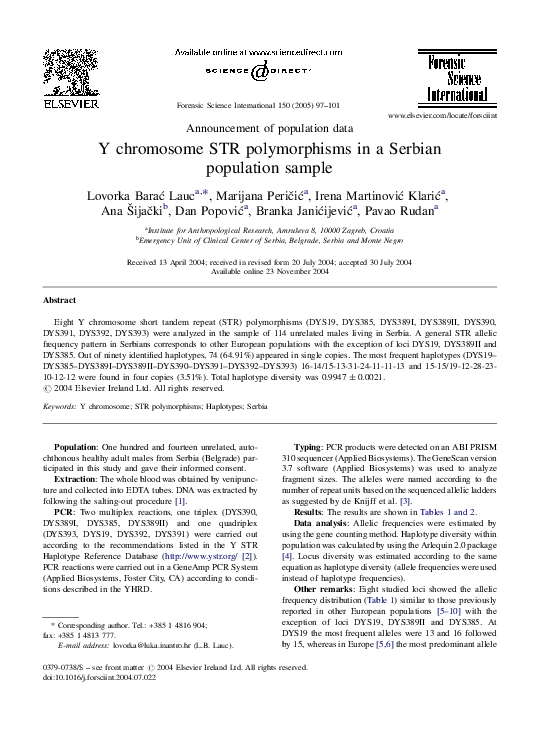 (PDF) Y chromosome STR polymorphisms in a Serbian population sample ...