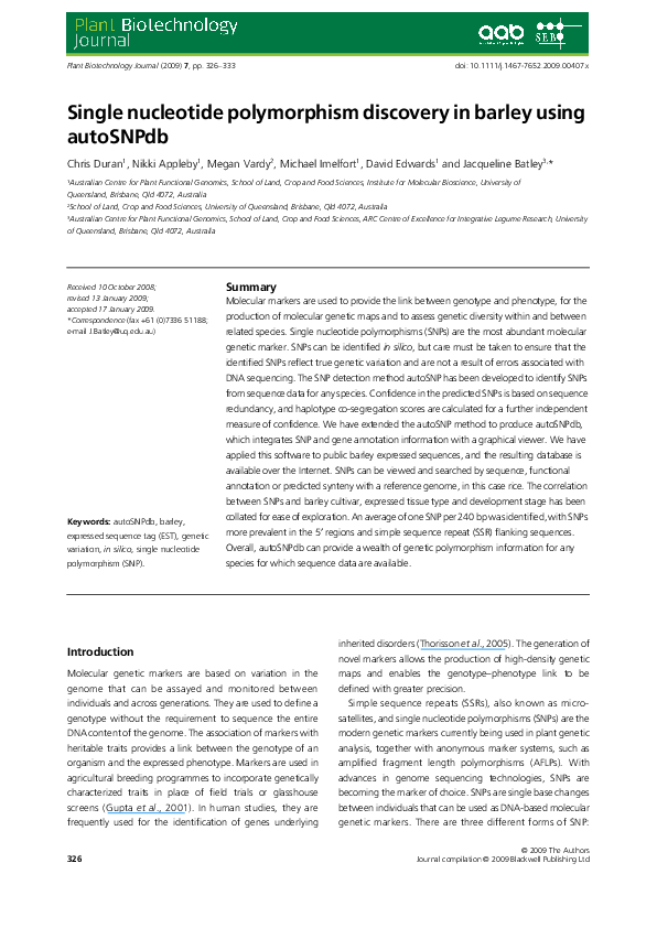 (PDF) Single nucleotide polymorphism discovery in barley using autoSNPdb