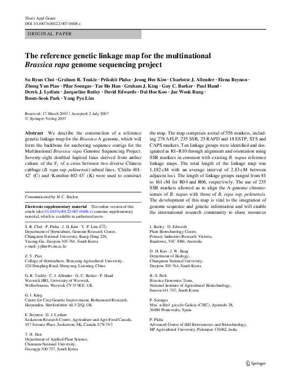 (PDF) The reference genetic linkage map for the multinational Brassica ...