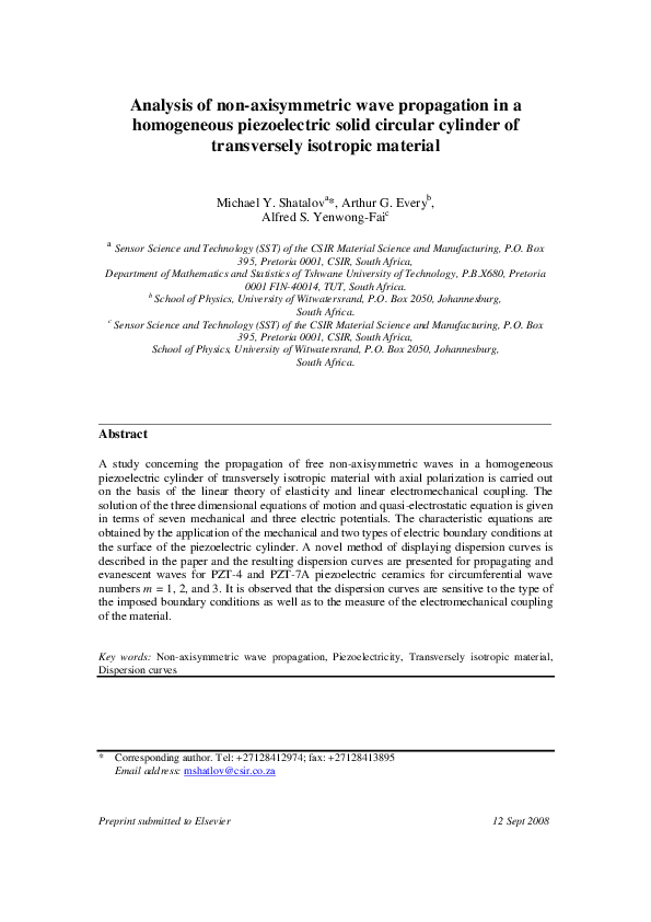(PDF) Analysis of non-axisymmetric wave propagation in a homogeneous piezoelectric solid ...