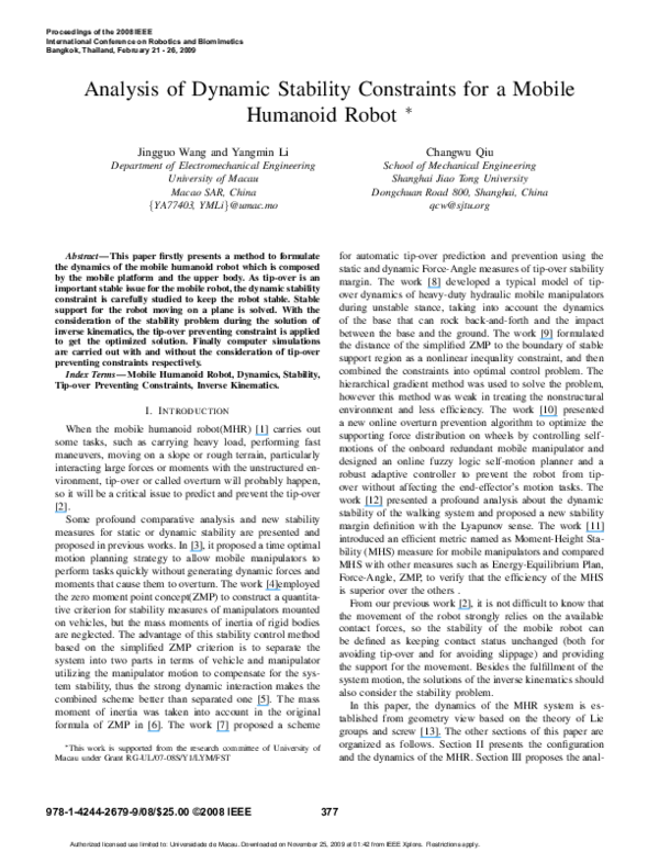 (PDF) Analysis of dynamic stability constraints for a mobile humanoid robot