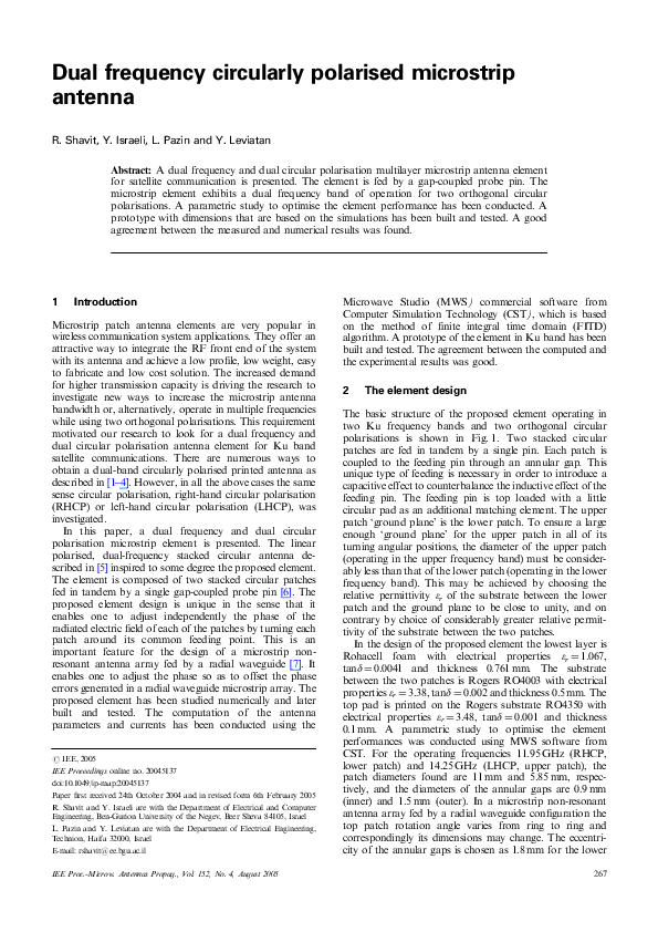 (PDF) Dual frequency circularly polarised microstrip antenna