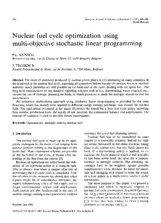 Pdf Nuclear Fuel Cycle Optimization Using Multi Objective Stochastic Linear Programming