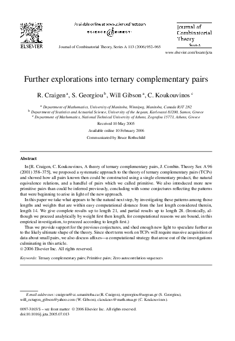 (PDF) Further explorations into ternary complementary pairs
