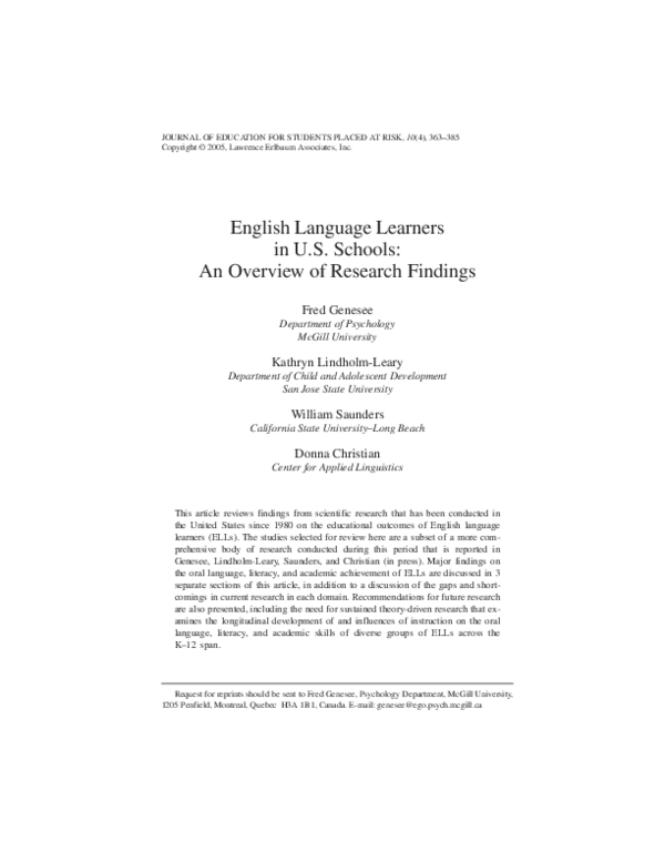 (PDF) English Language Learners in U.S. Schools: An Overview of ...