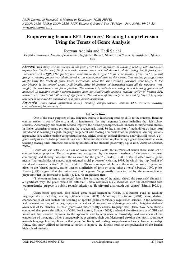 (PDF) Empowering Iranian EFL Learners' Reading Comprehension Using the Tenets of Genre Analysis