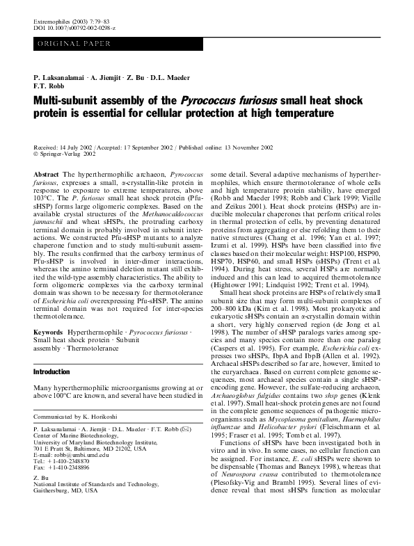 (PDF) Multi-subunit assembly of the Pyrococcus furiosus small heat ...