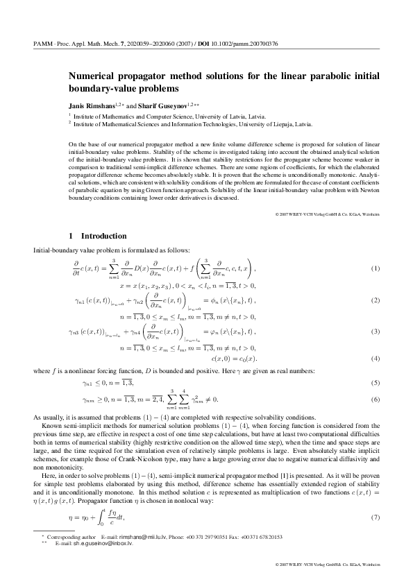 (PDF) Numerical propagator method solutions for the linear parabolic initial boundary-value problems