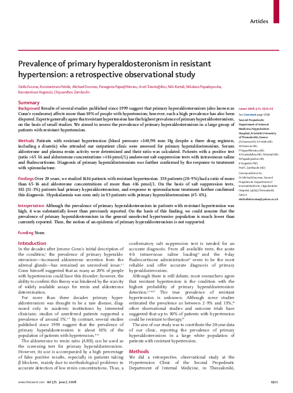 (PDF) Prevalence of primary hyperaldosteronism in resistant hypertension: a retrospective ...