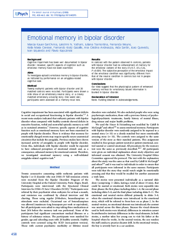 (PDF) Emotional memory in bipolar disorder