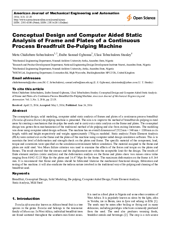 Conceptual Design and Computer Aided Static Analysis of Frame and ...