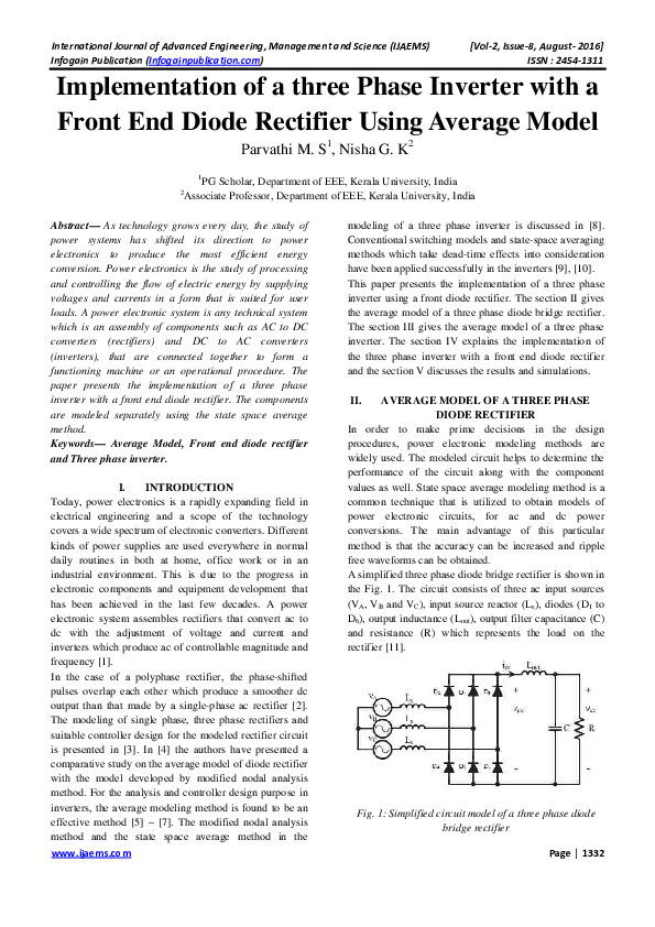 (PDF) Implementation of a three Phase Inverter with a Front End Diode Rectifier Using Average Model