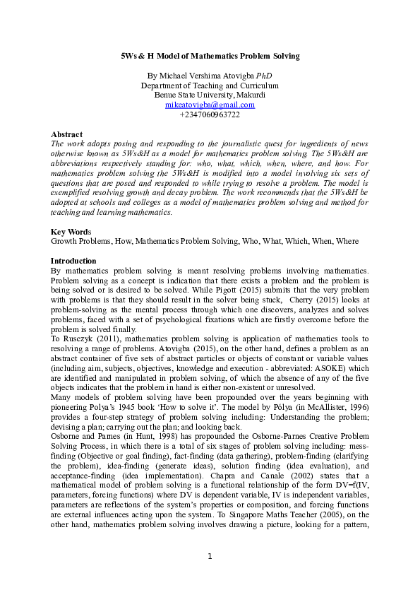 (DOC) 5Ws & H Model of Mathematics Problem Solving