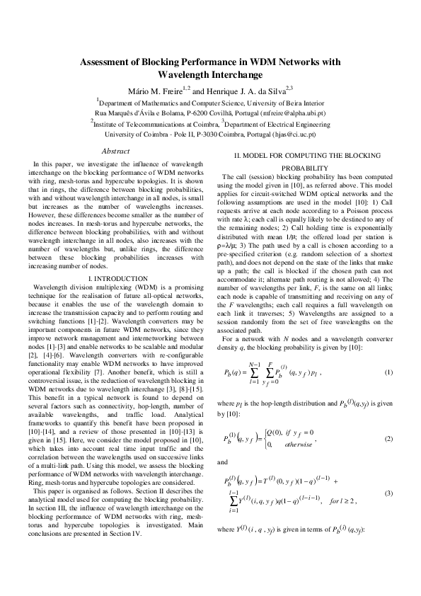 (PDF) Assessment of Blocking Performance in WDM Networks with Wavelength Interchange