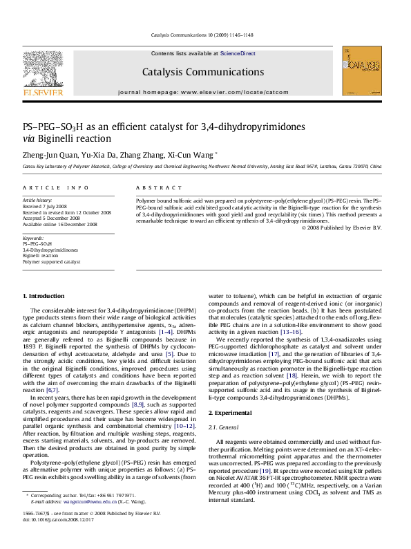 (PDF) PS–PEG–SO 3H as an efficient catalyst for 3,4-dihydropyrimidones ...