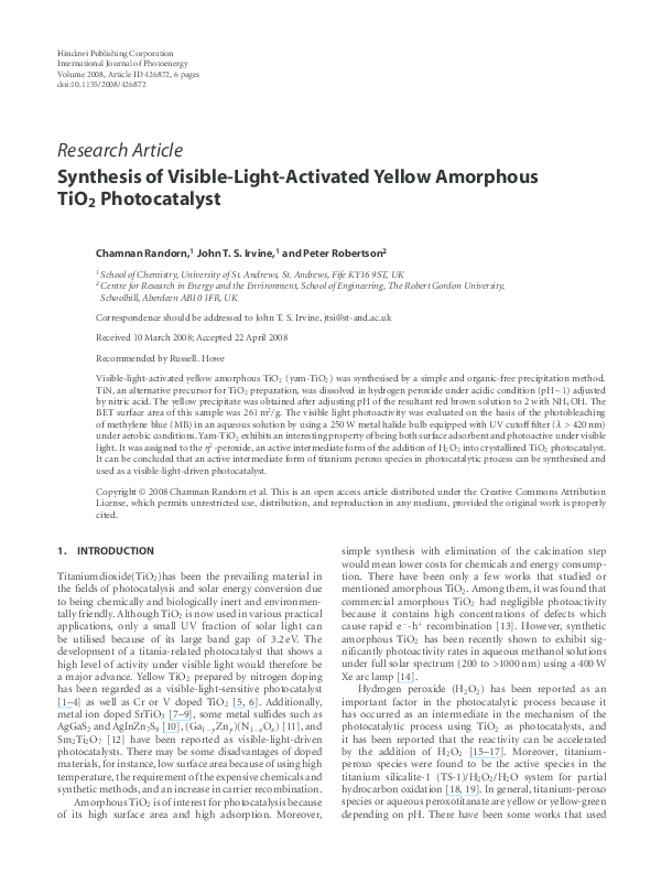 (PDF) Synthesis of Visible-Light-Activated Yellow Amorphous TiO2 ...