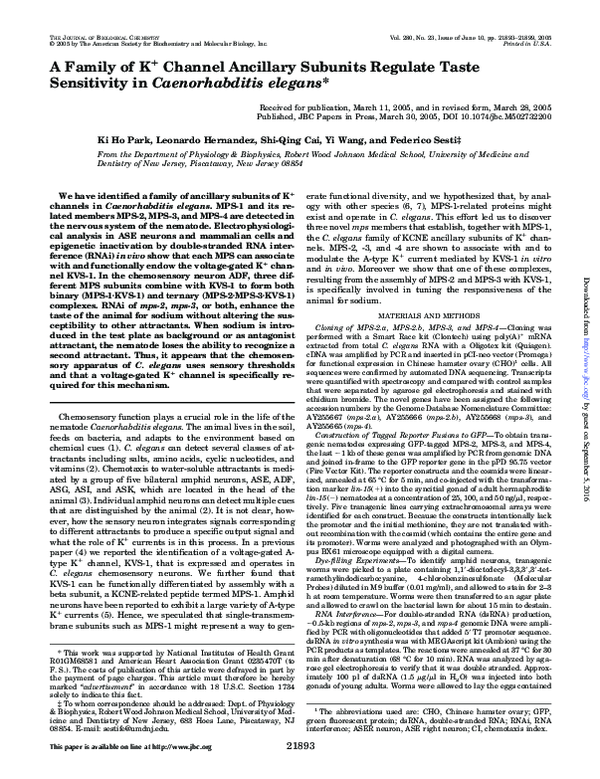 (PDF) A Family of K+ Channel Ancillary Subunits Regulate Taste ...