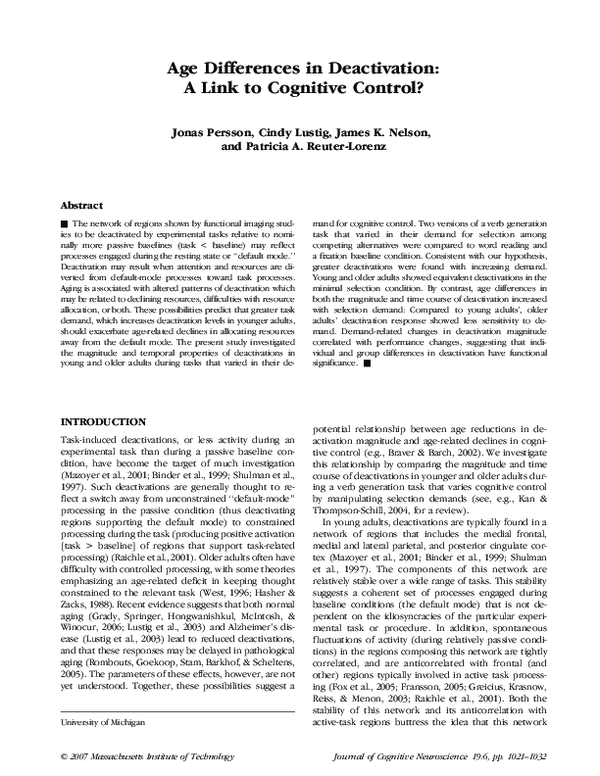 (PDF) Age Differences in Deactivation: A Link to Cognitive Control (PDF) Age Differences in Deactivation: A Link to Cognitive Control